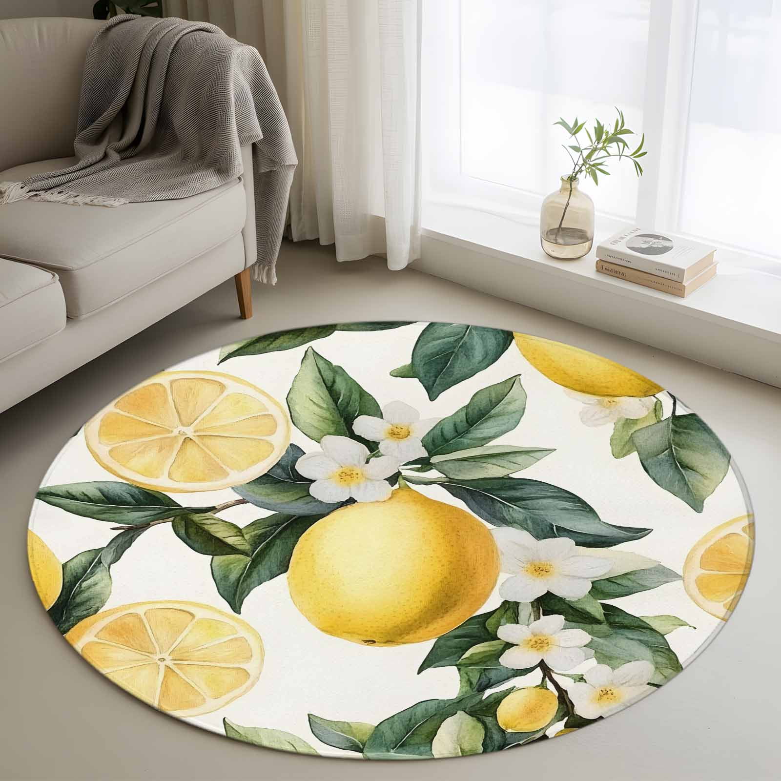 Area Rug 48in, Farm Lemon Flowers Green Leaf Floor Carpet Living Room ...
