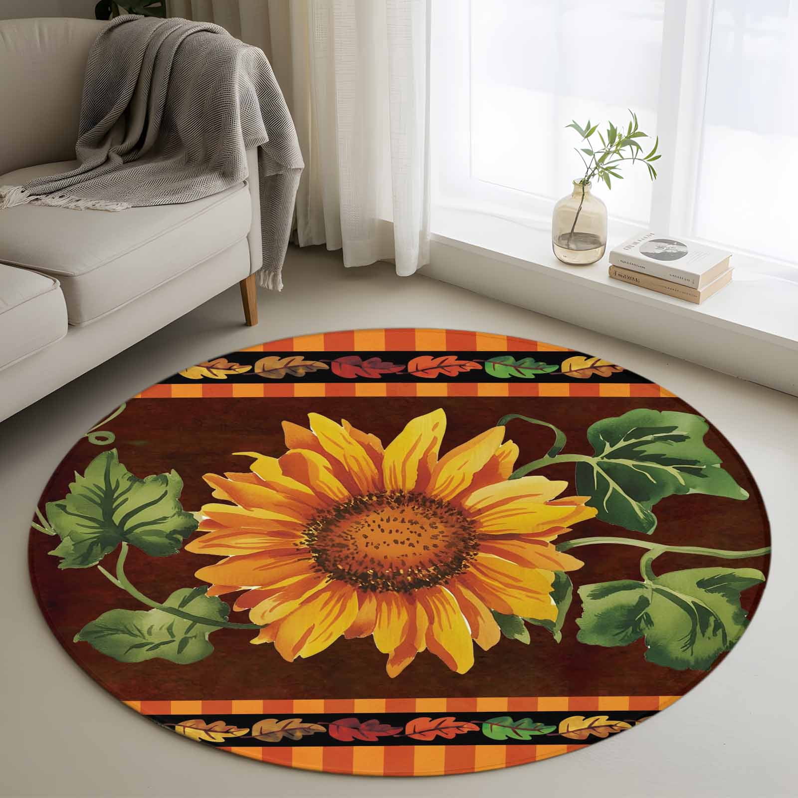 Area Rug 48in, Farm Watercolor Sunflower Leaves on Retro Floor Carpet ...