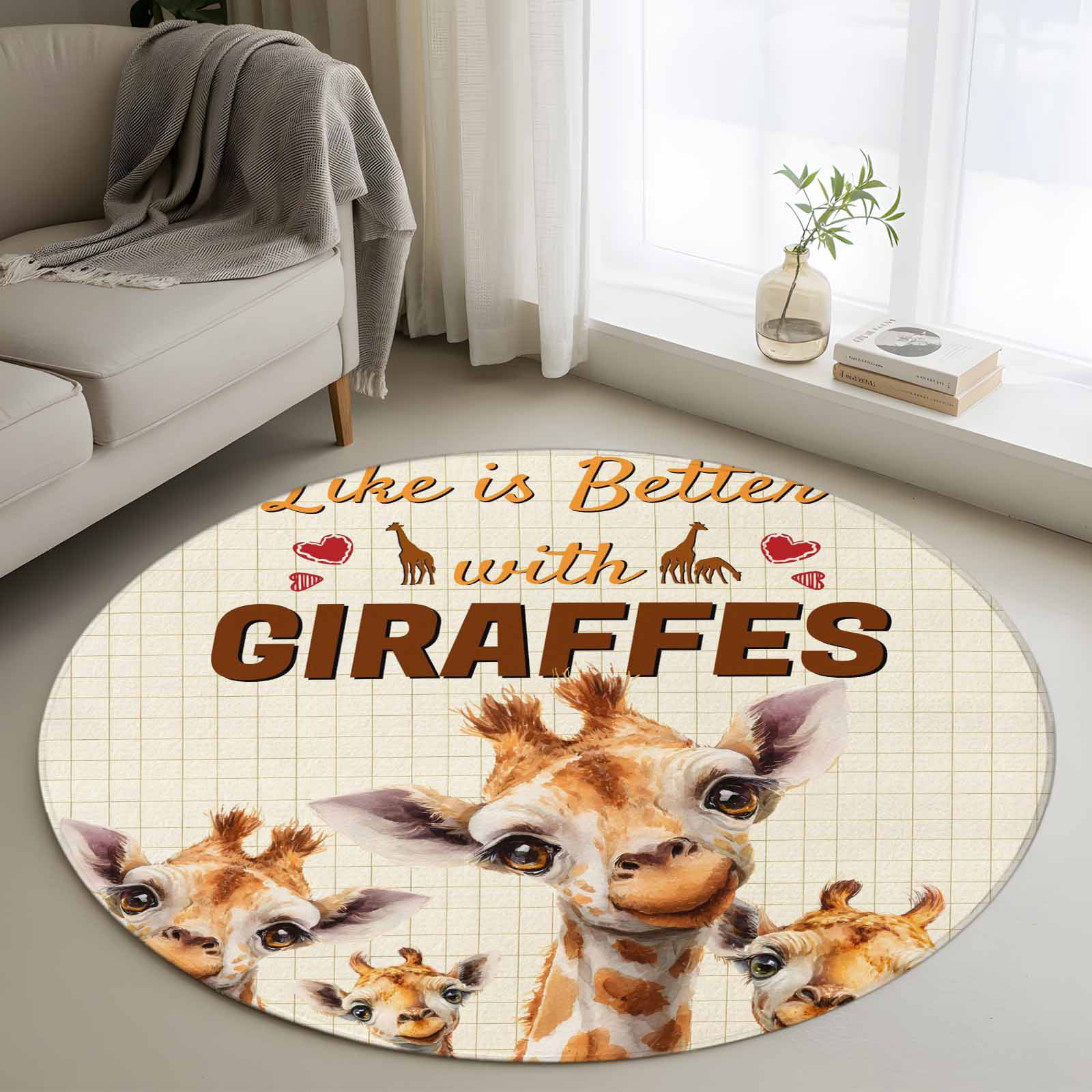 Area Rug 48in, Farm Zoo Giraffe Light Yellow Floor Carpet Living Room ...