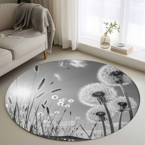 Area Rug 48in, Farmhouse Grey Field Dandelion Rural Plant Floor Carpet ...