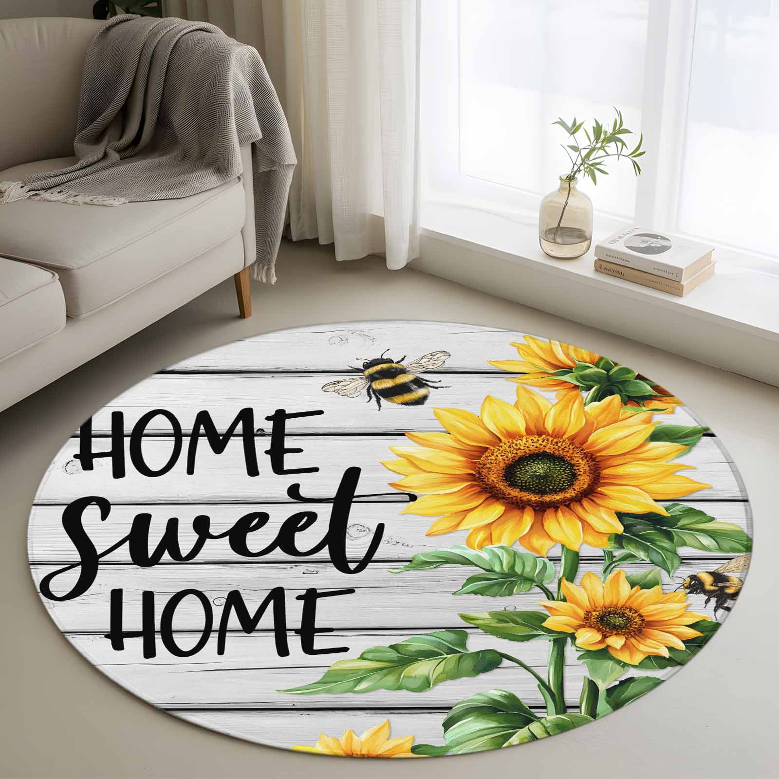 Area Rug 48in, Farmhouse Sunflower Floral Bee Floor Carpet Living Room ...