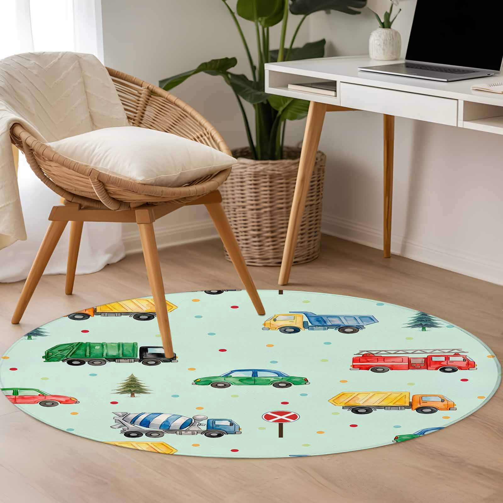 Area Rug 48in, Fire Trucks Engineering Vehicles Trees Cars Floor Carpet ...