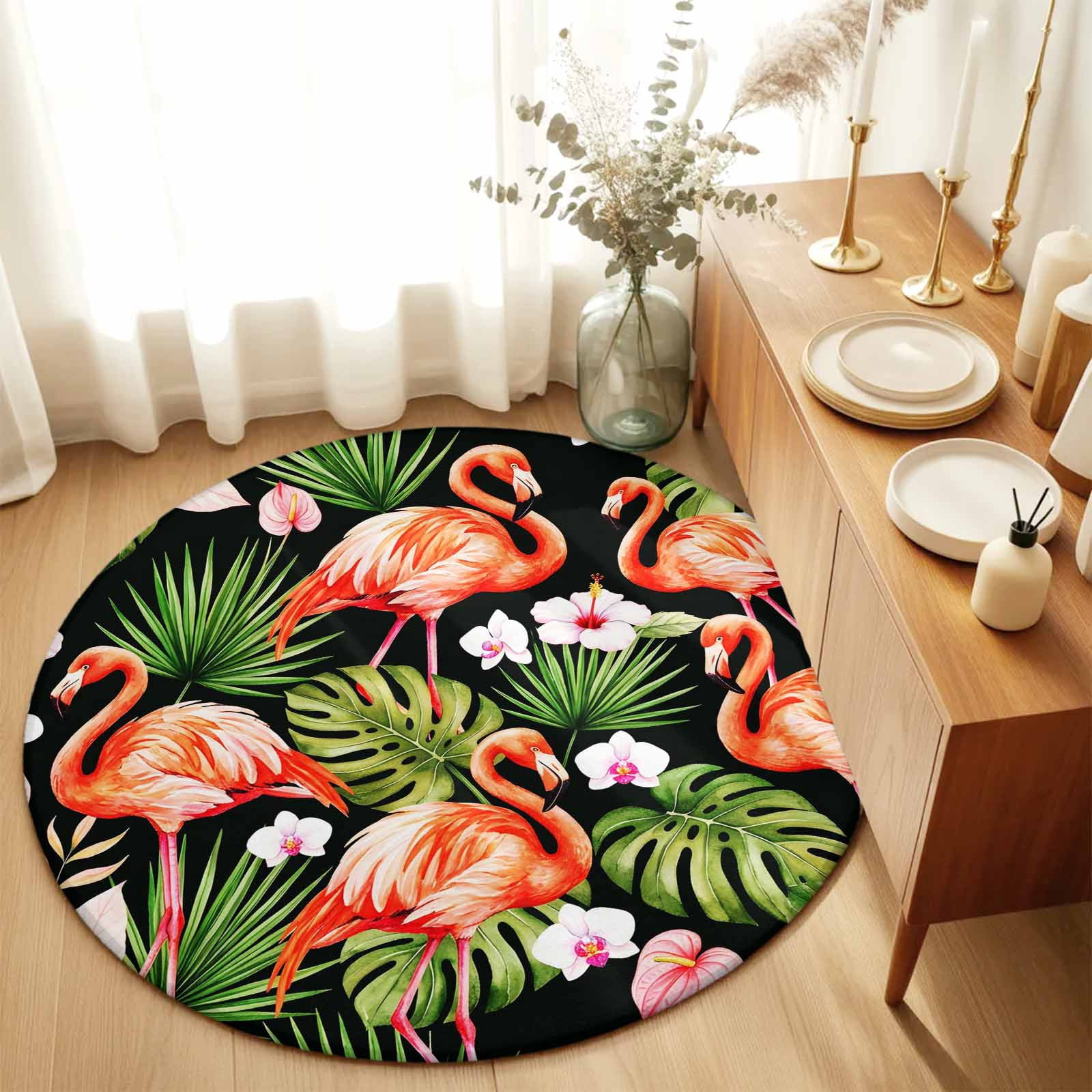 Area Rug 48in, Flamingo Flower on Black Floor Carpet Living Room Rug ...