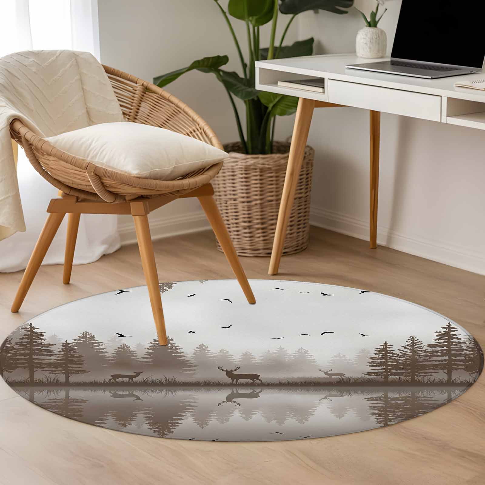 Area Rug 48in, Forest Elk Bird Tree Silhouette Floor Carpet Living Room ...