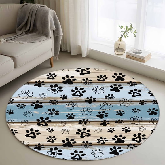 Area Rug 48in, Funny Dog Paw Farm Wood Grain Floor Carpet Living Room ...