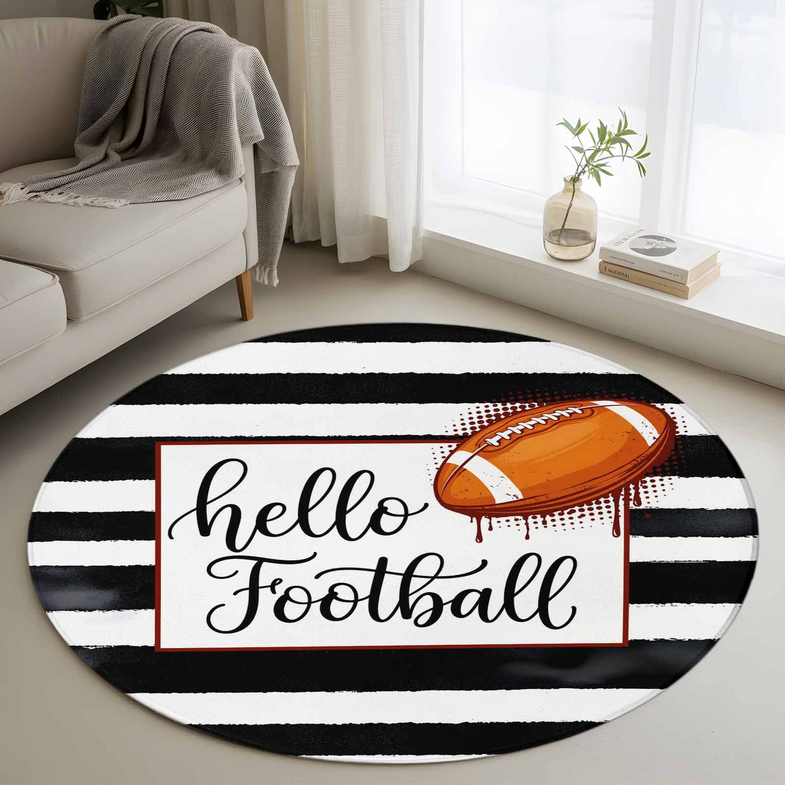 Area Rug 48in, Hello Football Words Floor Carpet Living Room Rug, White ...