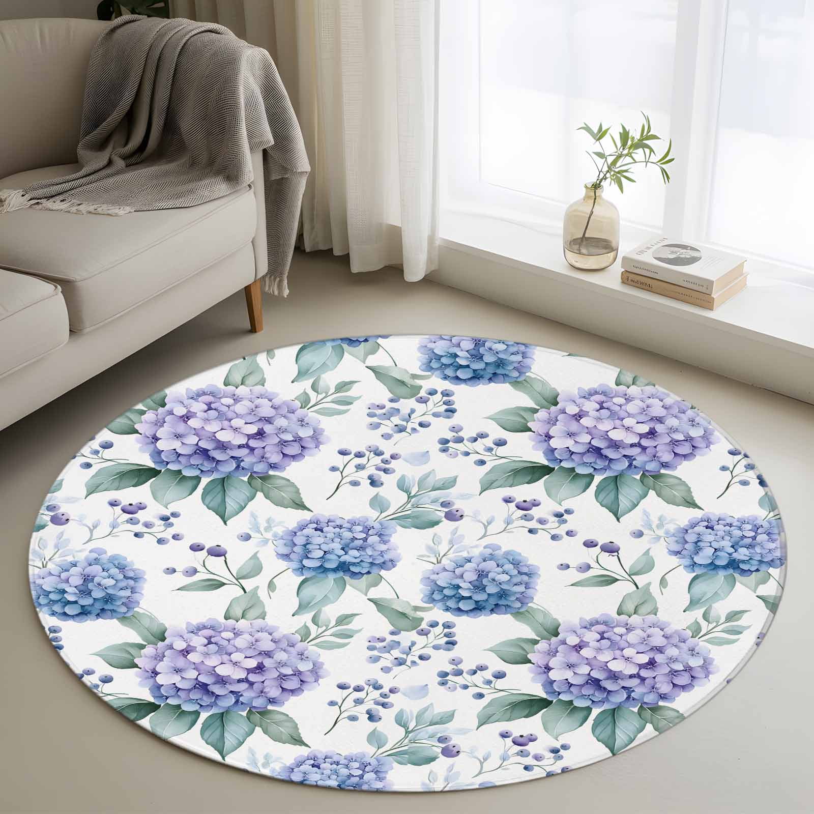 Area Rug 48in, Hydrangea Flower Eucalyptus Leaf Floor Carpet Living ...