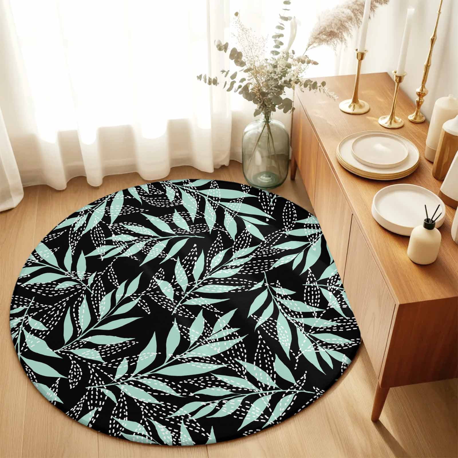 Area Rug 48in, Leaf Silhouettes on Black Floor Carpet Living Room Rug ...