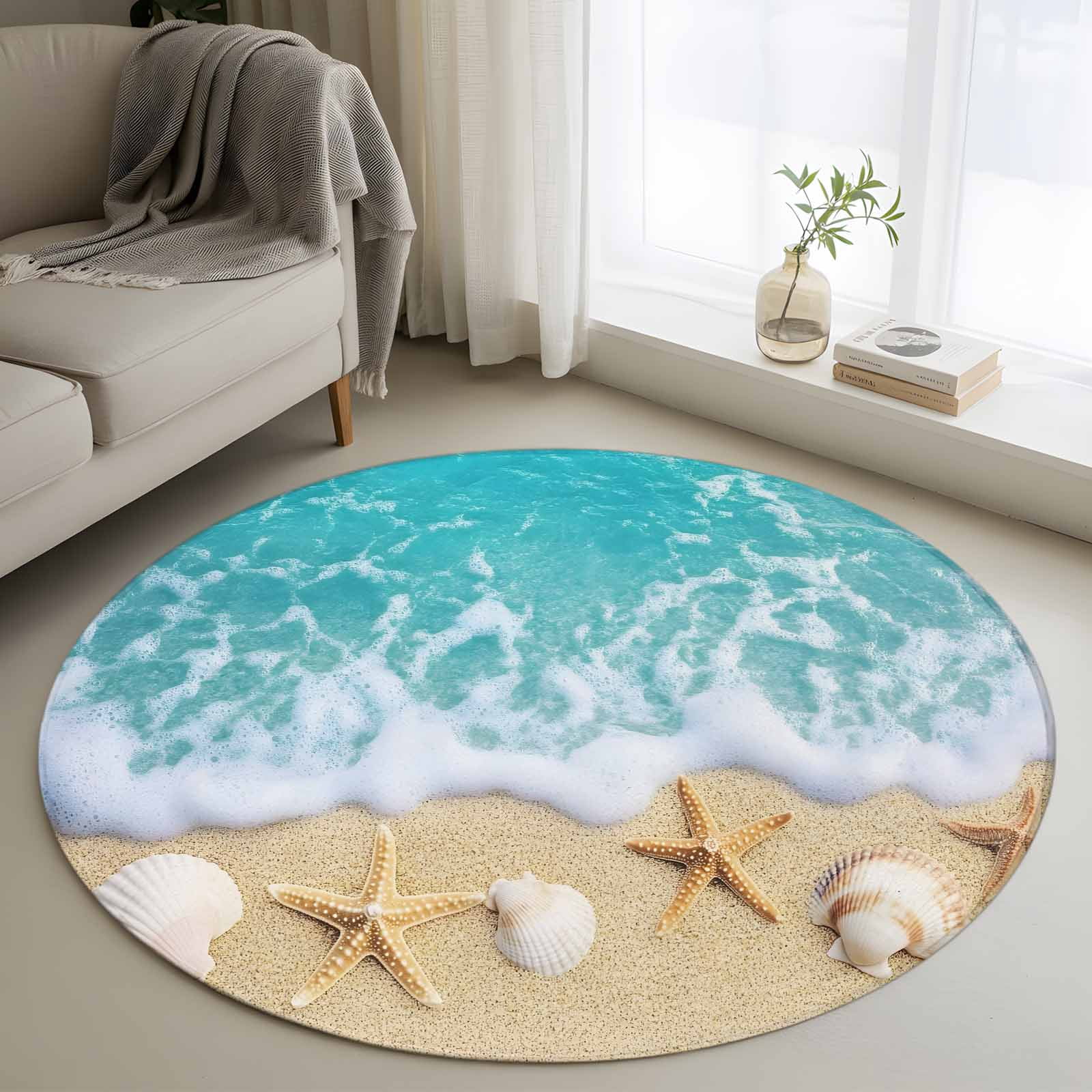 Area Rug 48in, Marine Life Starfish Shell Sand Beach Floor Carpet ...