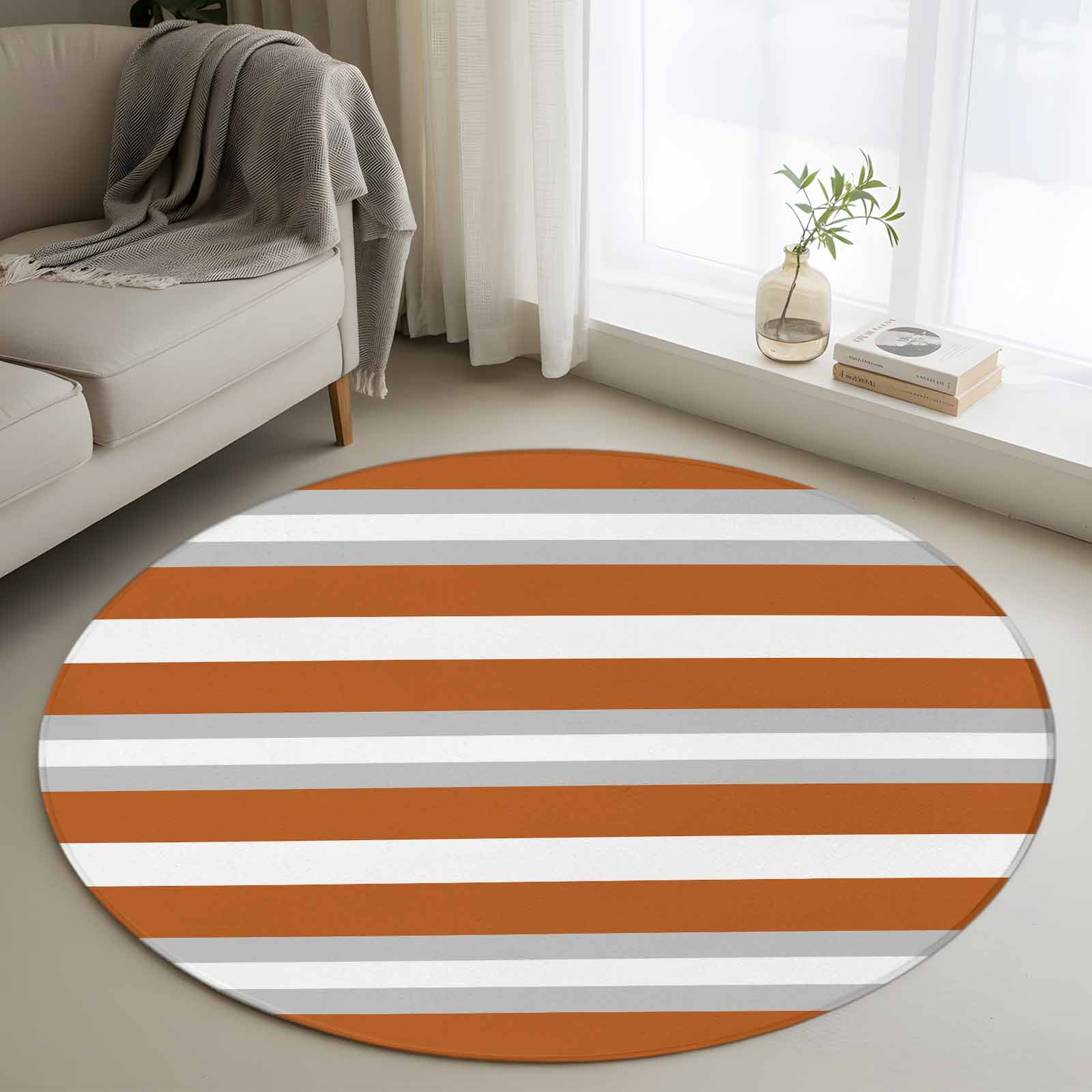 Area Rug 48in, Modern Minimalist Orange Gray Stripe Floor Carpet Living ...