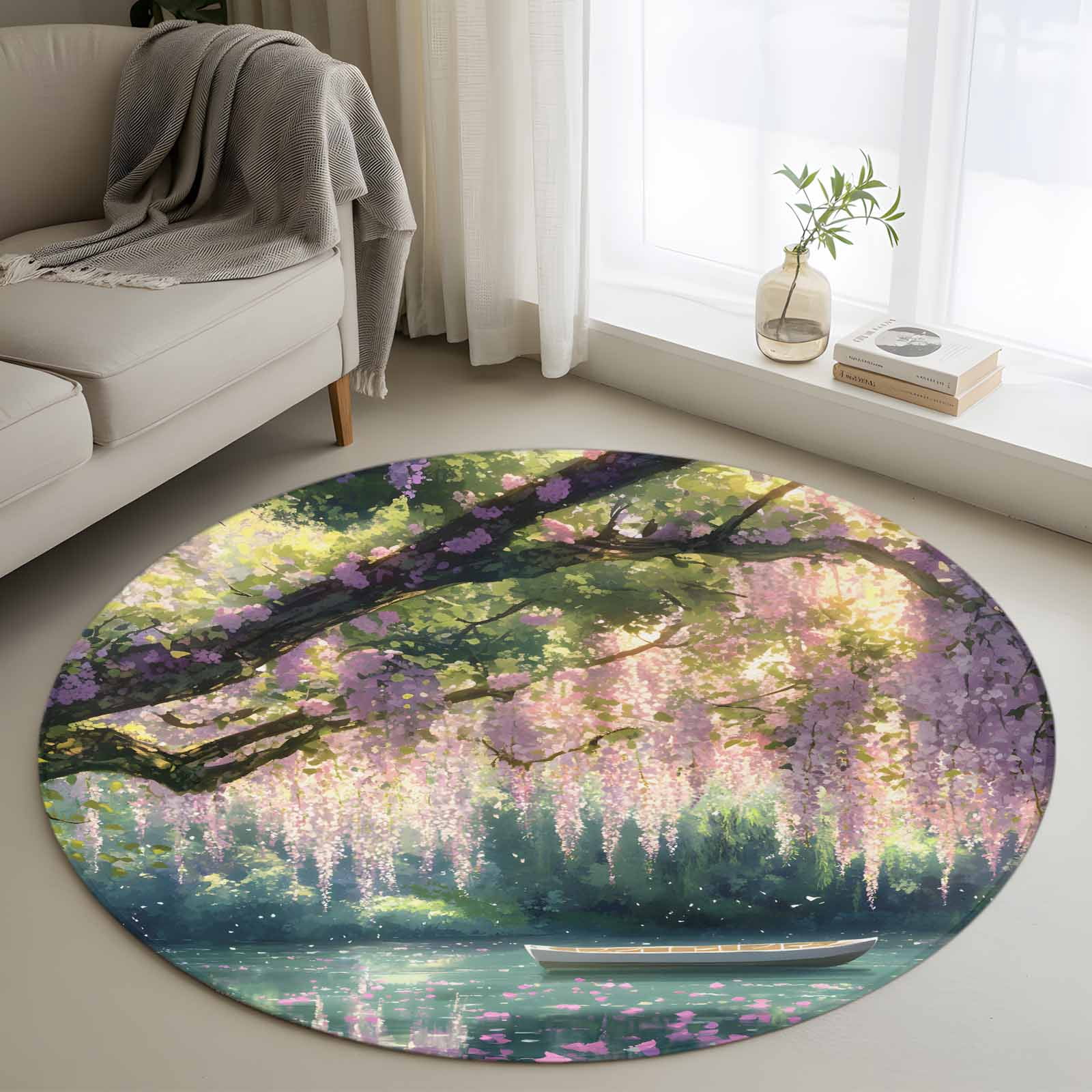 Area Rug 48in, Natural Scenery Pink Flower Lake Floor Carpet Living ...