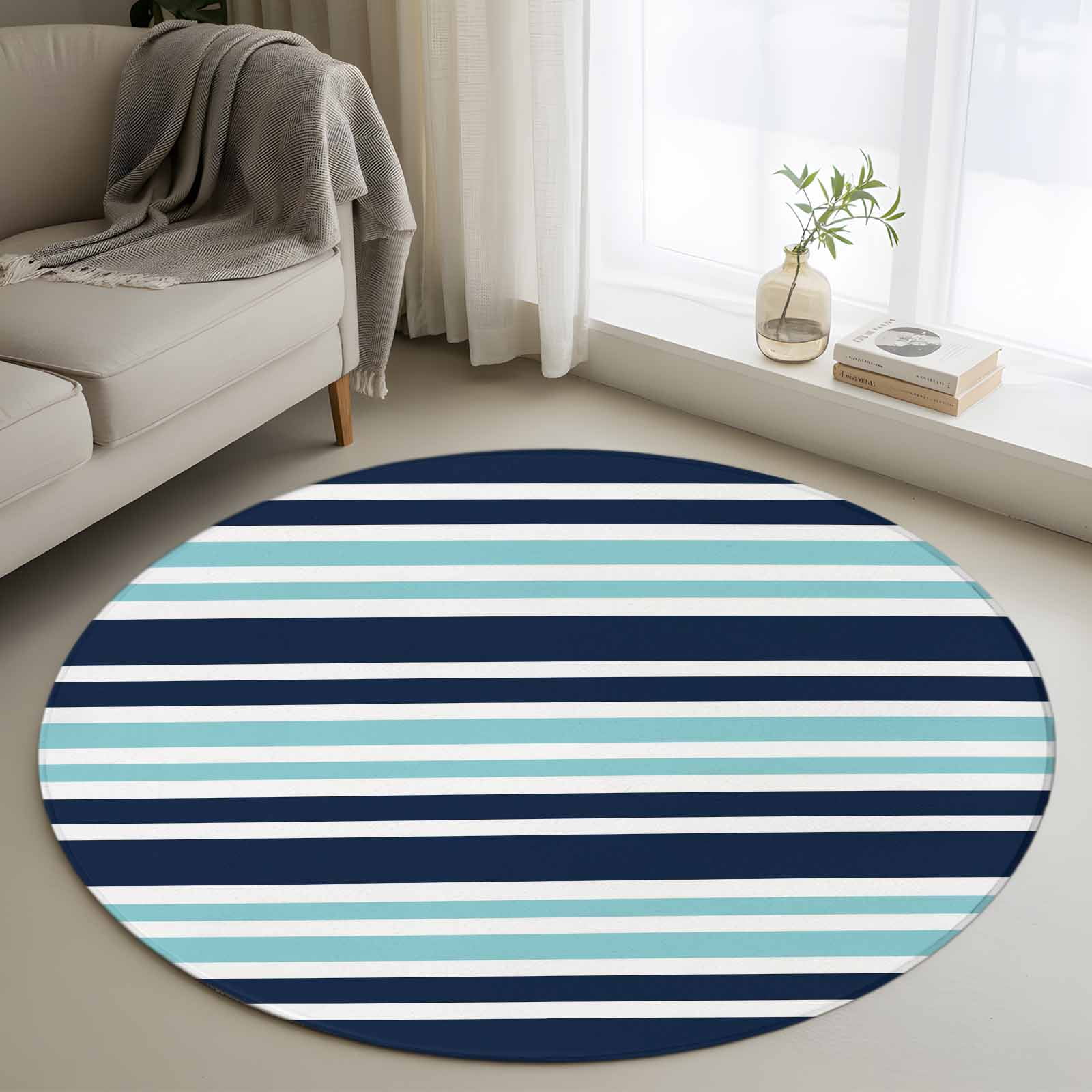 Area Rug 48in, Nautical Navy Blue Contrast Stripe Floor Carpet Living ...