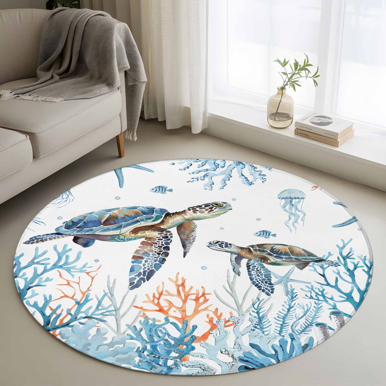 Area Rug 48in, Ocean Sea Turtle Blue Coral Floor Carpet Living Room Rug ...