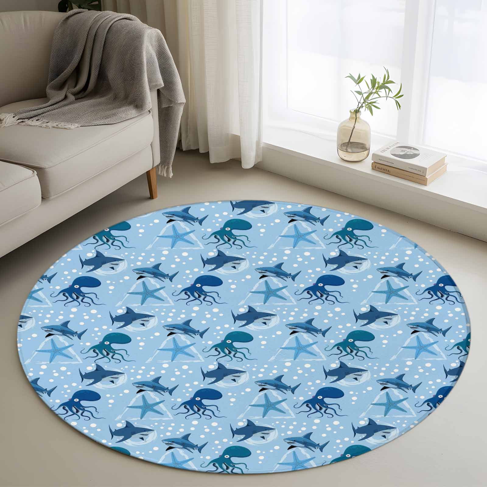 Area Rug 48in, Ocean Sharks Octopus Starfish Floor Carpet Living Room ...