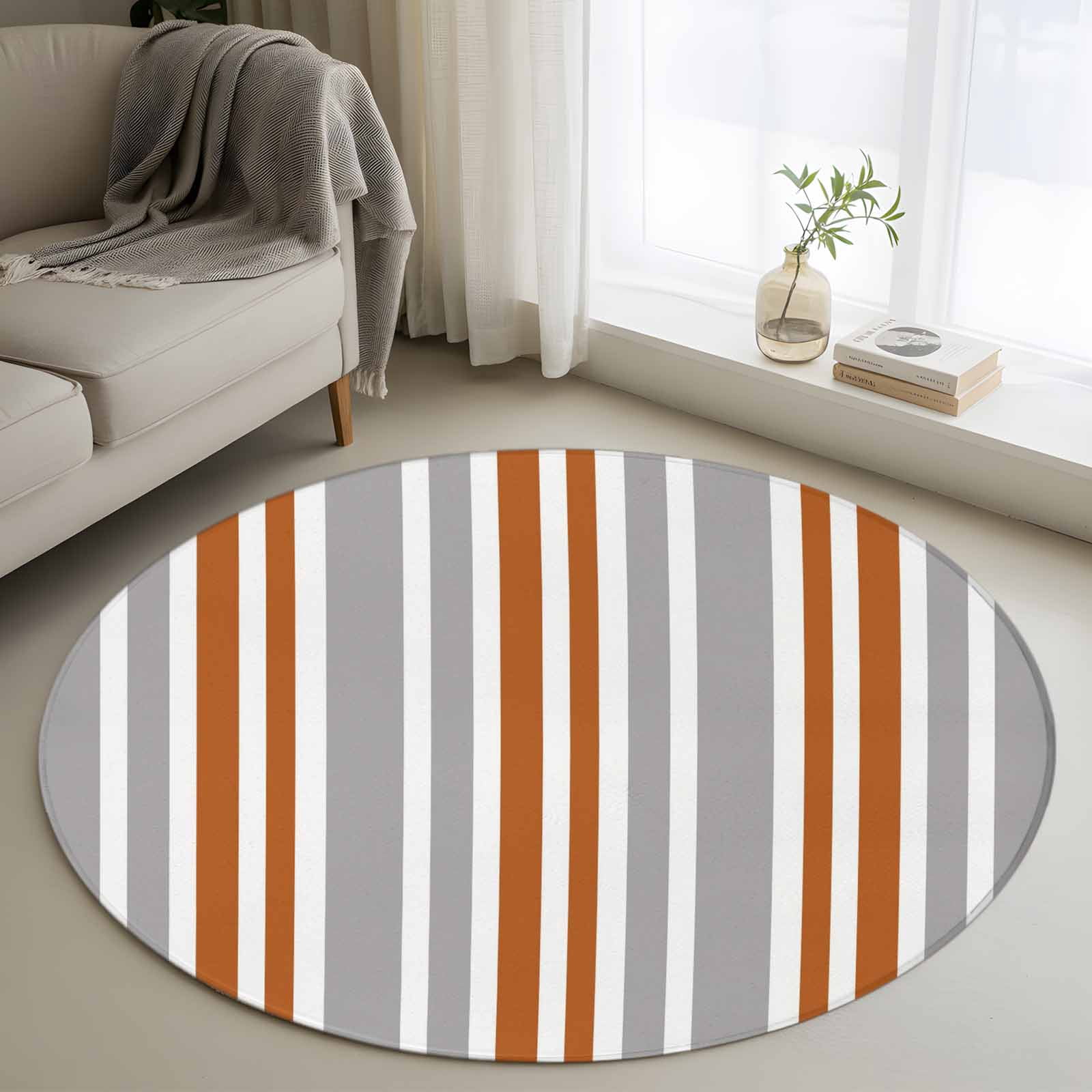 Area Rug 48in, Orange Grey Vertical Stripe Floor Carpet Living Room Rug ...