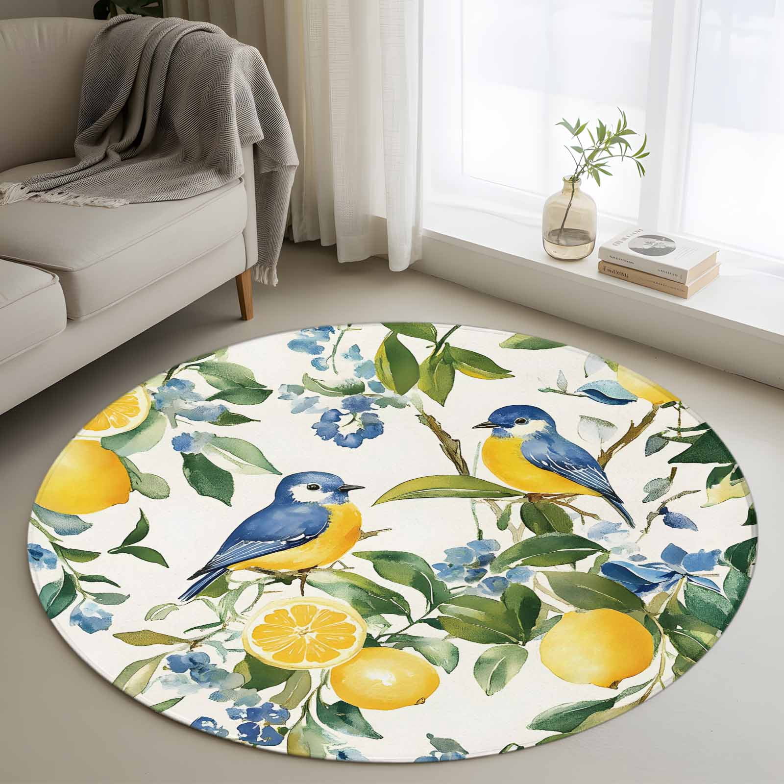 Area Rug 48in, Pastoral Vintage Lemon Blue Bird Floor Carpet Living ...