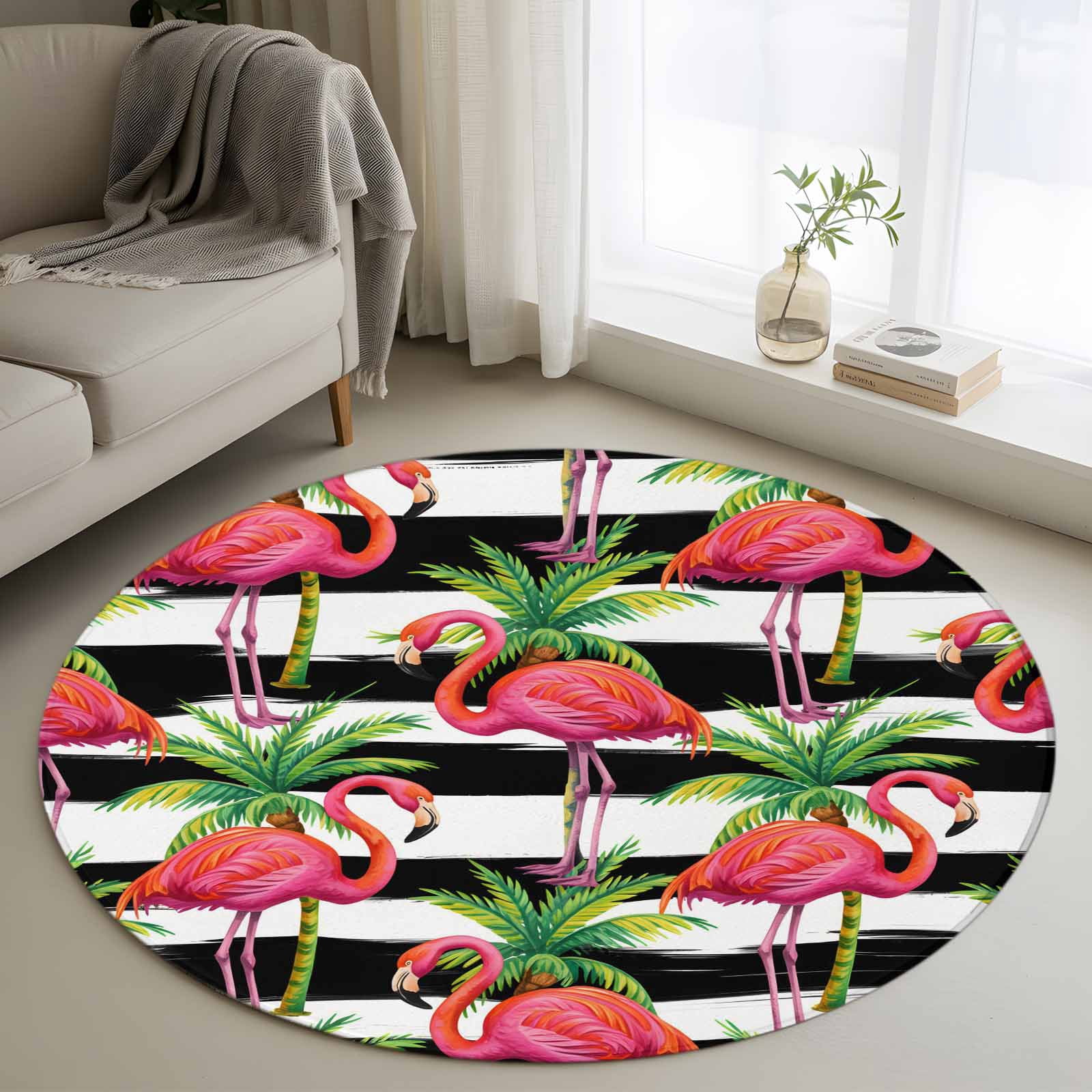 Area Rug 48in, Pink Flamingo Tropical Coconut Tree Floor Carpet Living ...