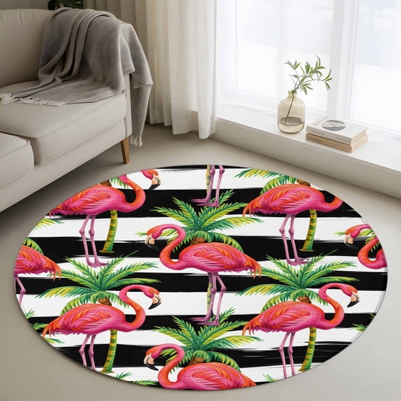 Area Rug 48in, Pink Flamingo Tropical Coconut Tree Floor Carpet Living ...