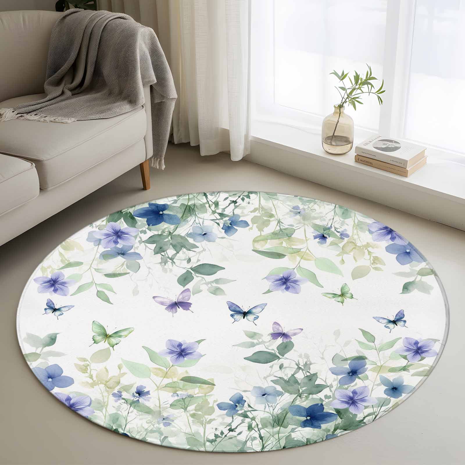 Area Rug 48in, Purple Flowers Green Leaves Watercolor Floor Carpet ...