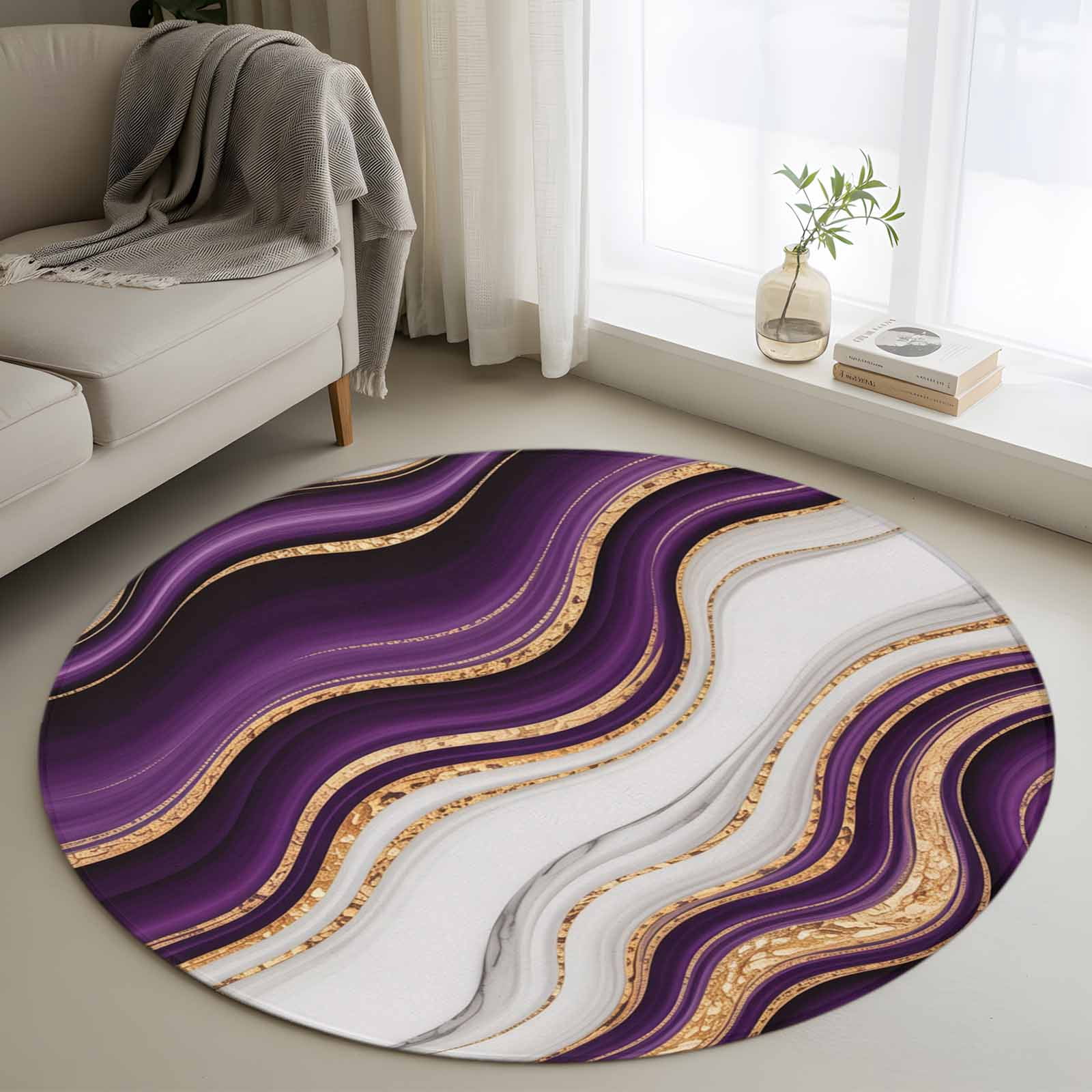 Area Rug 48in, Purple Marble Gold Inlay Floor Carpet Living Room Rug ...