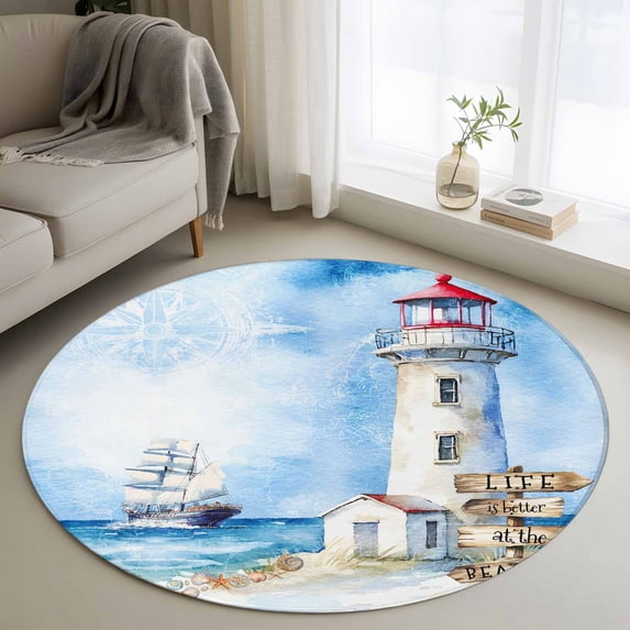 Area Rug 48in, Retro Coastal Seaside Landscape Floor Carpet Living Room ...