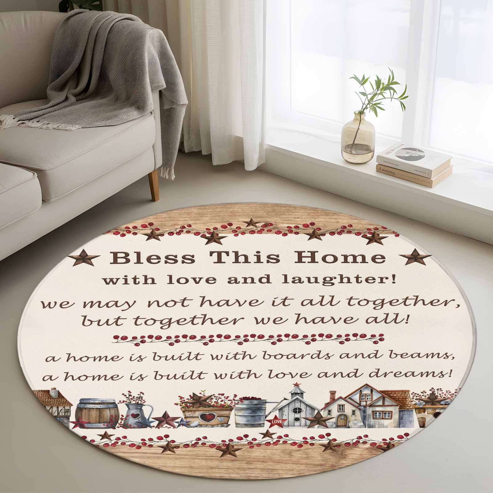 Area Rug 48in, Retro Country Farm Star Wood Grain Floor Carpet Living ...