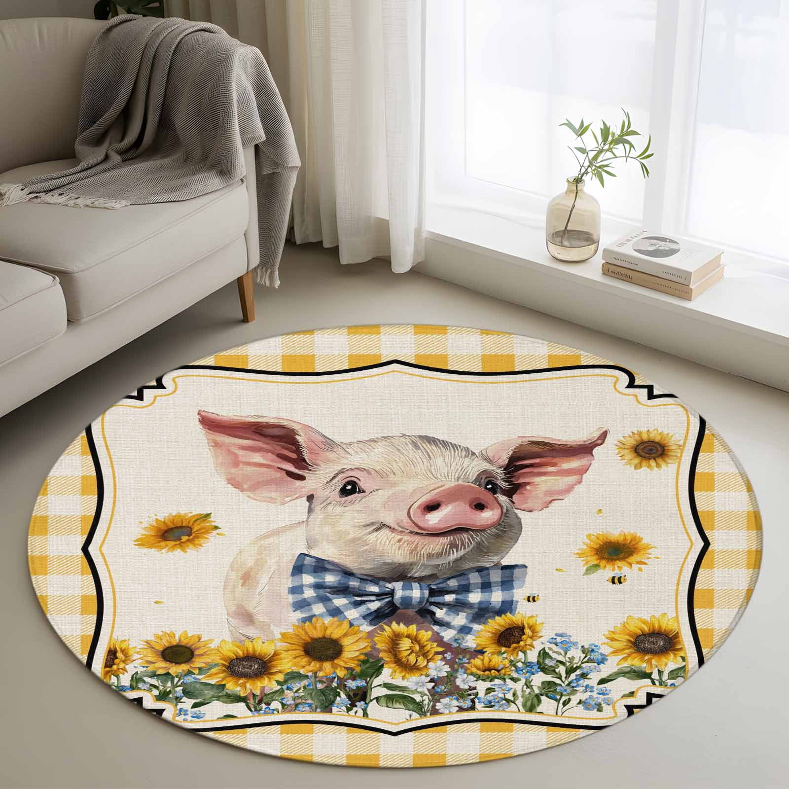 Area Rug 48in, Retro Farm Pig Sunflower on Linen Floor Carpet Living ...