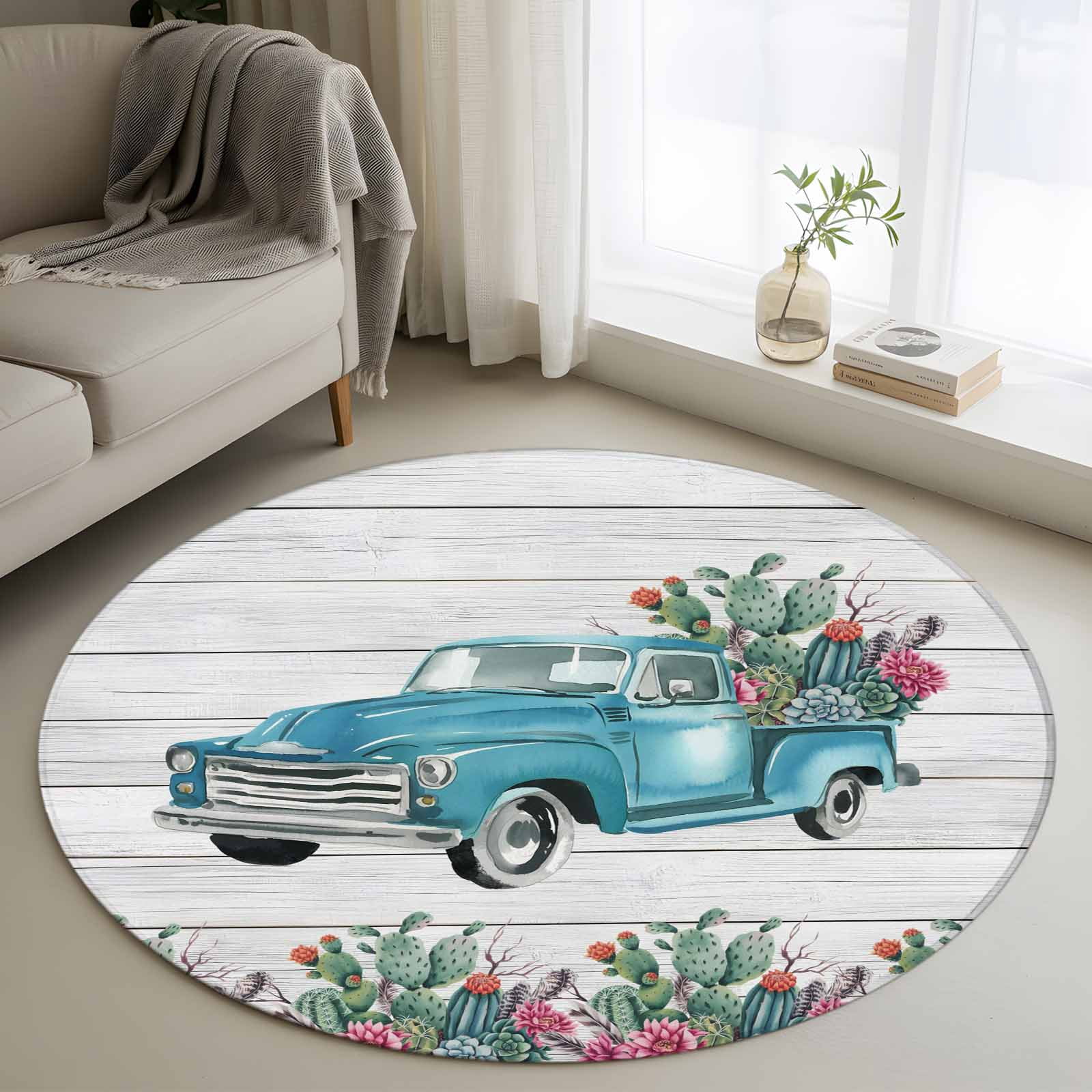 Area Rug 48in, Rustic Truck Cactus Flower Floor Carpet Living Room Rug ...