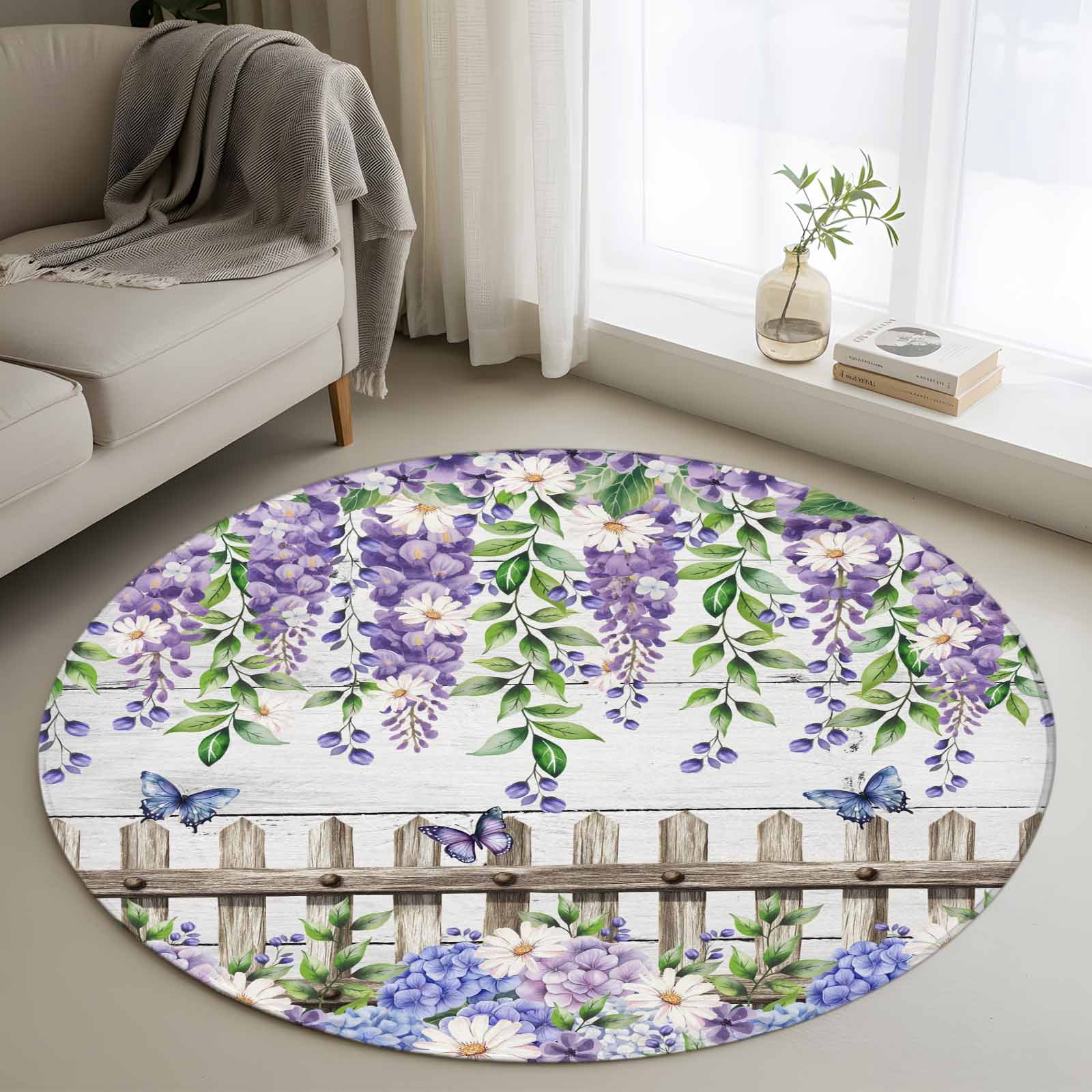 Area Rug 48in, Rustic White Purple Blue Flower Floor Carpet Living Room ...