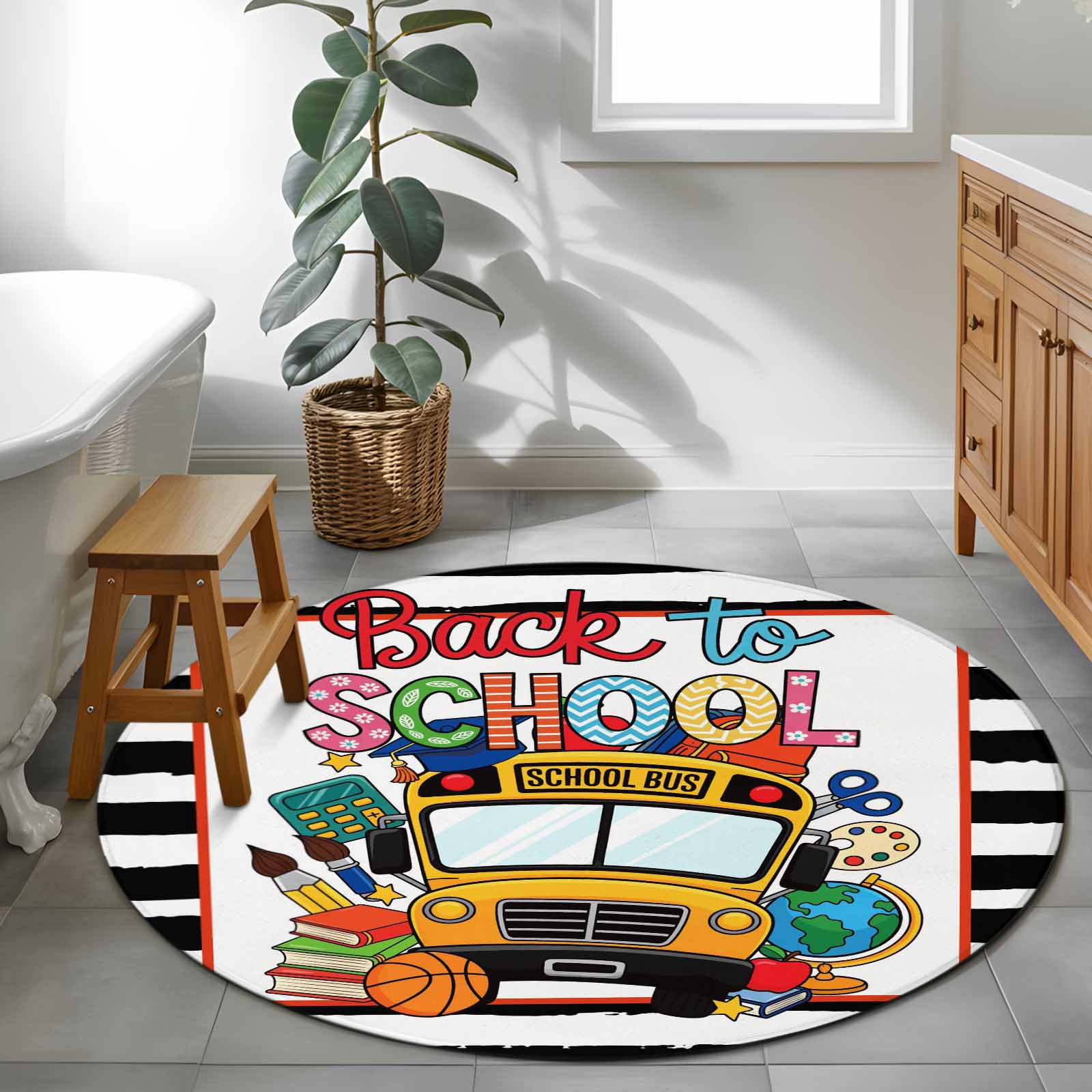 Area Rug 48in, School Season Bus Basketball Book Floor Carpet Living ...