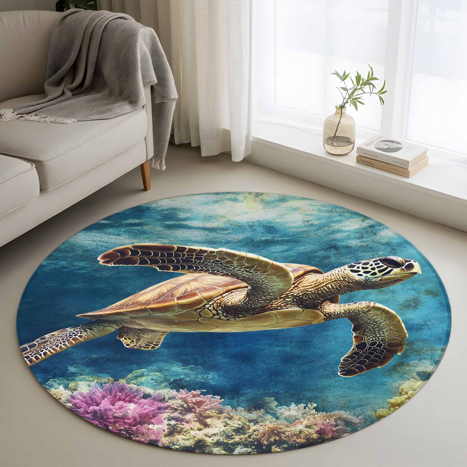 Area Rug 48in, Sea Turtle Colorful Coral Reef on Retro Floor Carpet ...