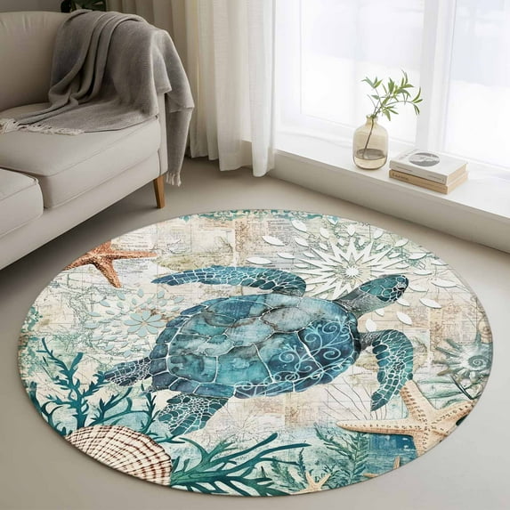 Area Rug 48in, Sea Turtle Starfish Shell Coral Floor Carpet Living Room ...