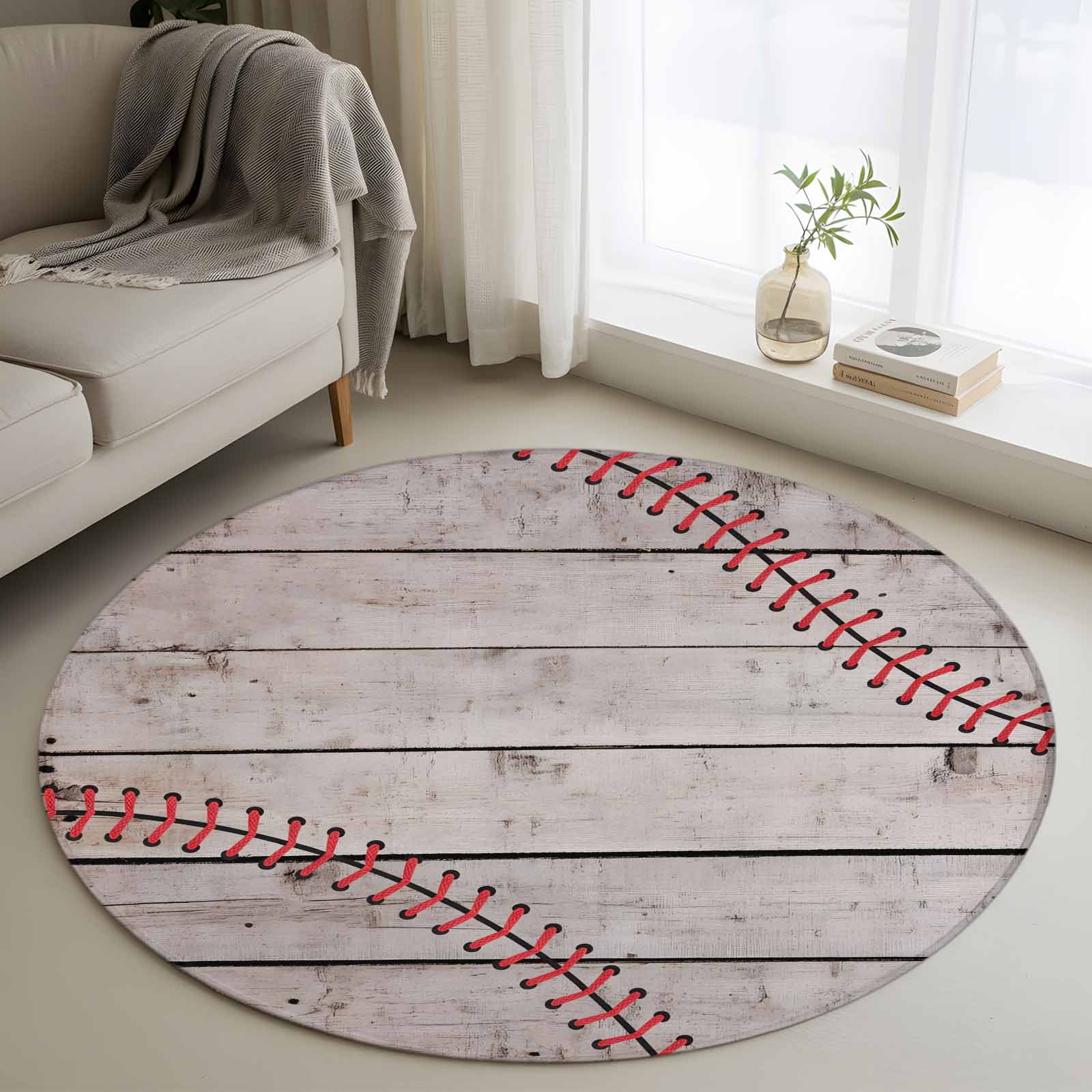 Area Rug 48in, Sports Baseball Texture Red Lines Floor Carpet Living ...