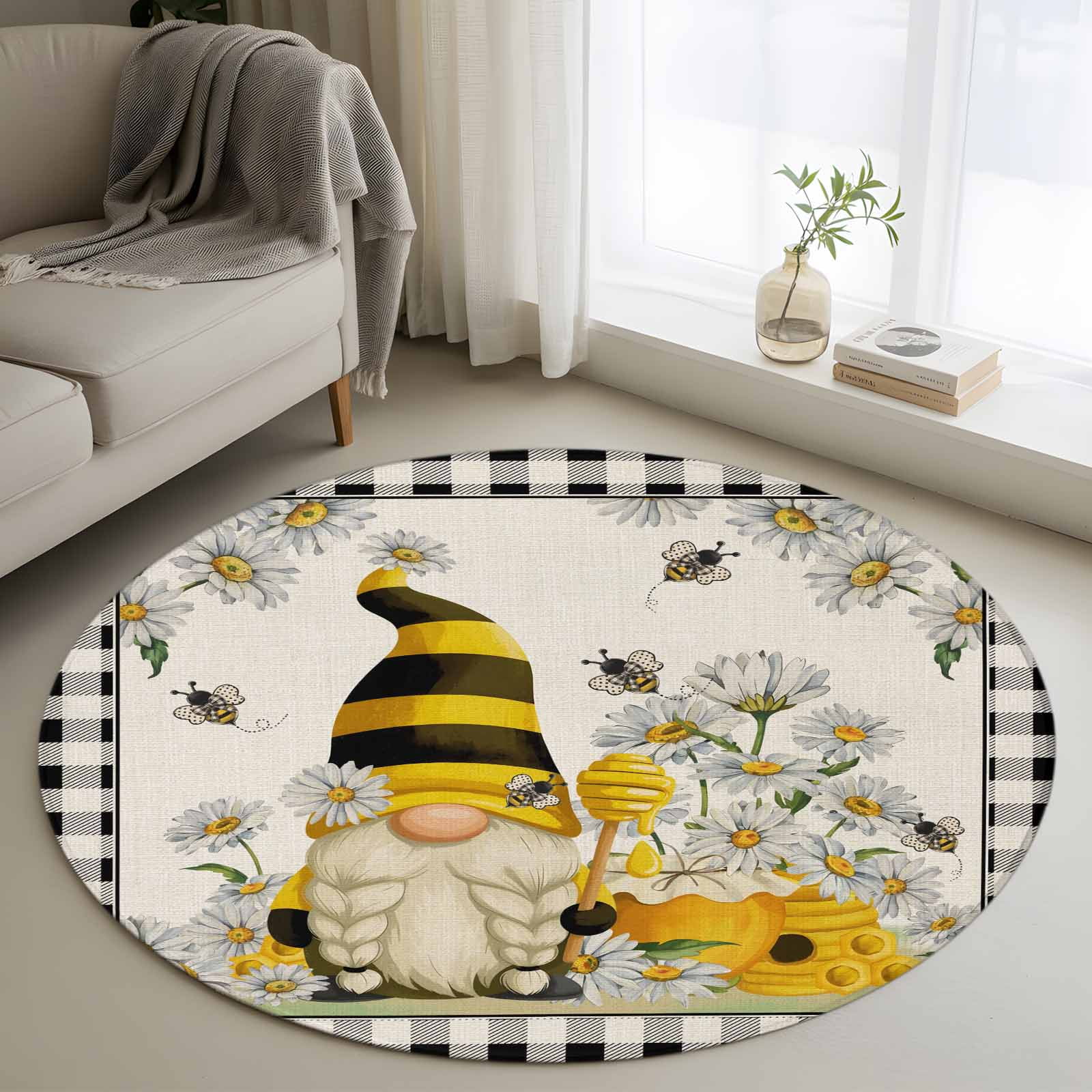 Area Rug 48in, Spring Yellow Black Stripes Hat Dwarf White Daisy Floor ...
