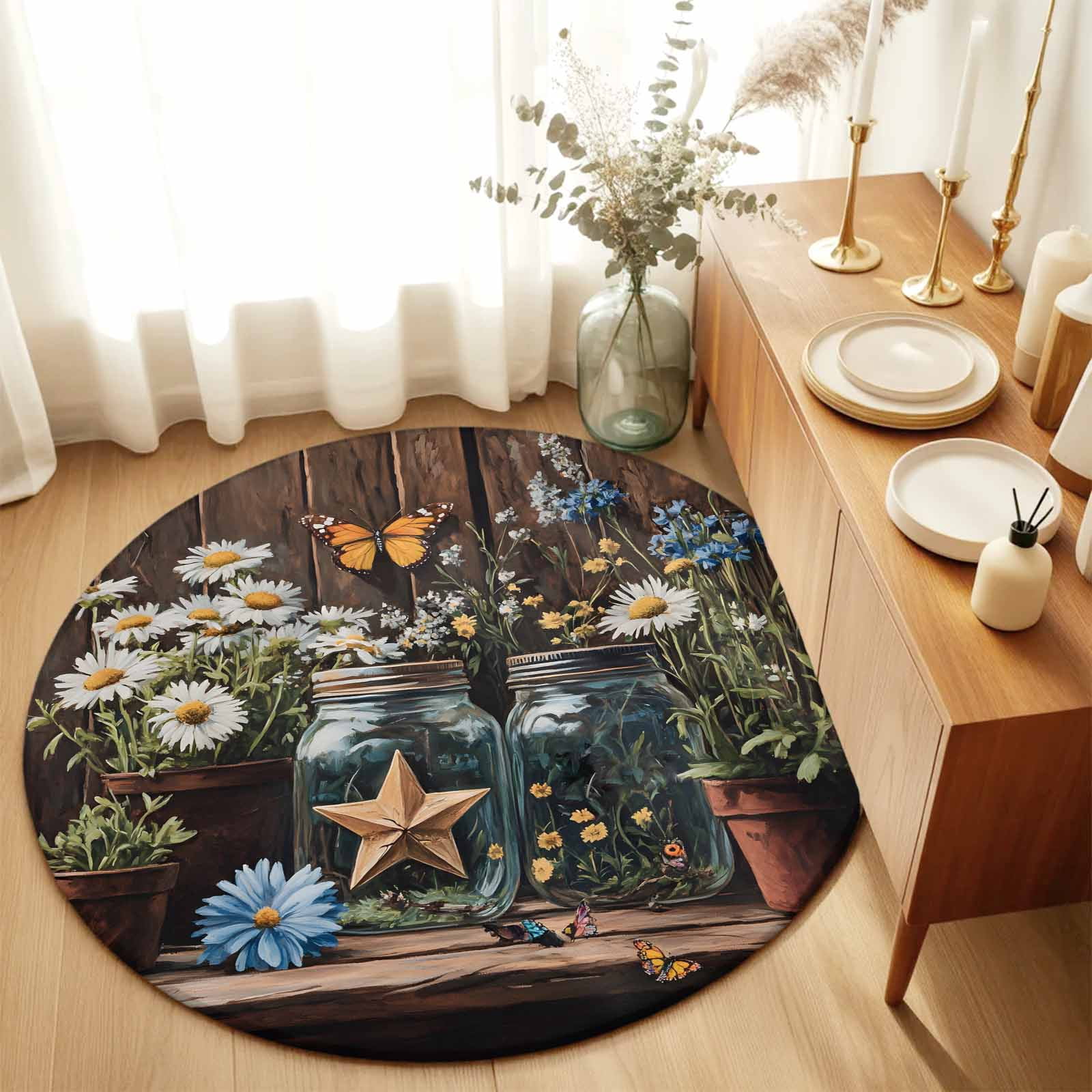 Area Rug 48in, Summer Daisy Floral Butterfly Western Star Floor Carpet ...