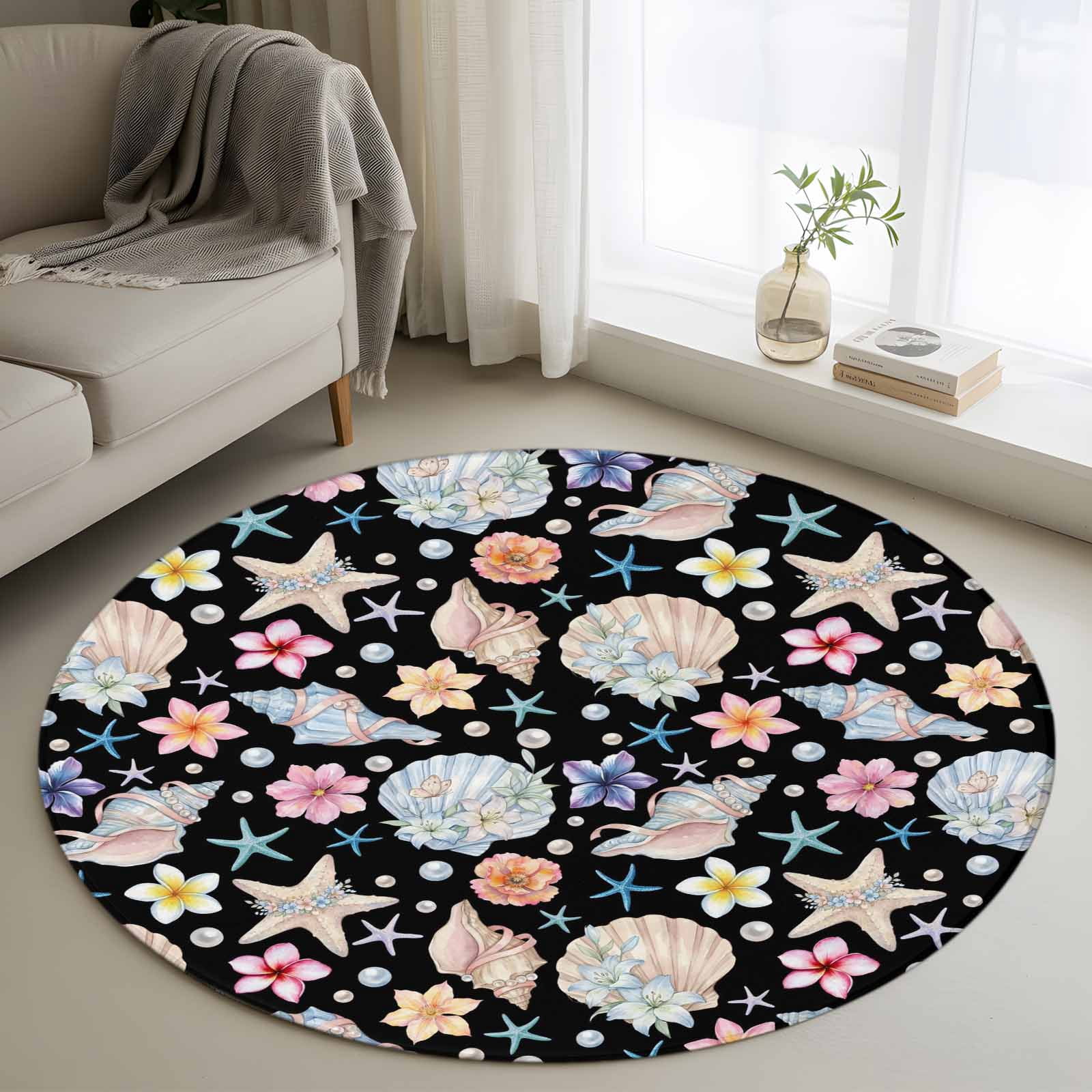 Area Rug 48in, Summer Flower Ocean Shell Floor Carpet Living Room Rug ...