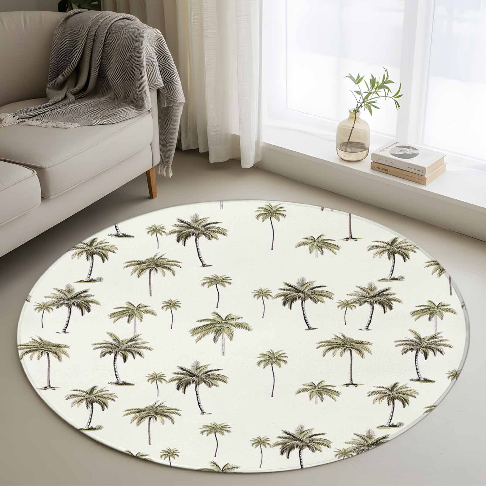 Area Rug 48in, Summer Green Palm Trees on White Floor Carpet Living ...