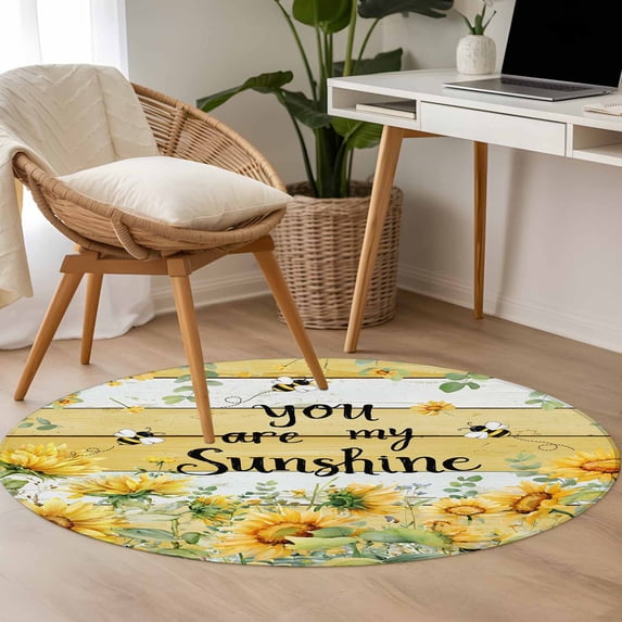 Area Rug 48in, Summer Sunflower Leaf Bee Floor Carpet Living Room Rug ...