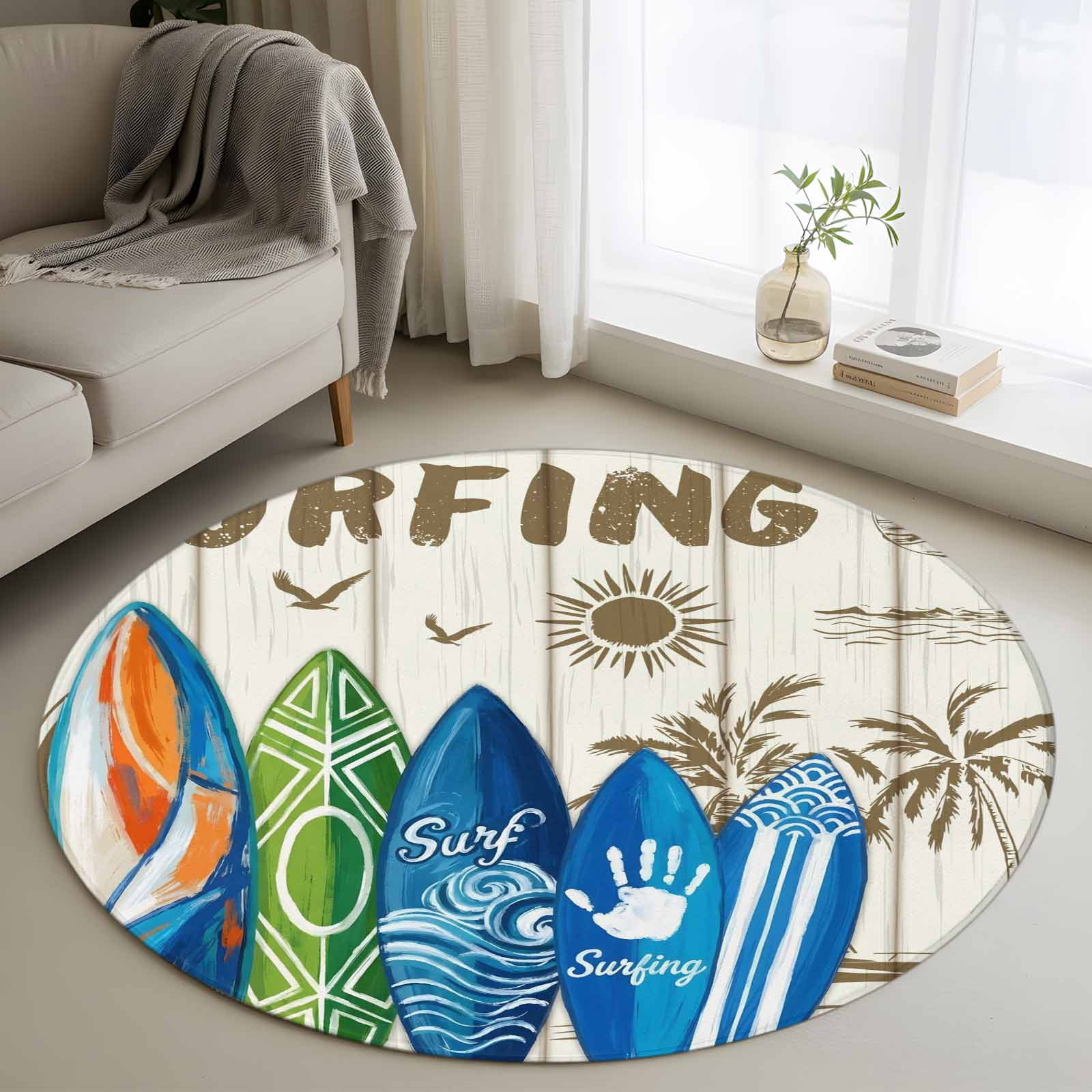 Area Rug 48in, Summer Surfing Beach Tropical Palm Tree Floor Carpet ...