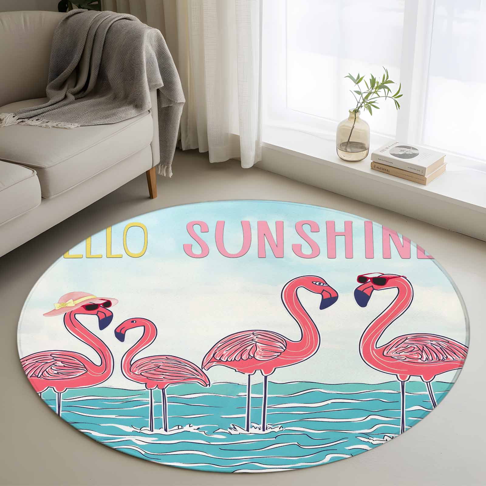 Area Rug 48in, Summer Watercolor Flamingos Floor Carpet Living Room Rug ...