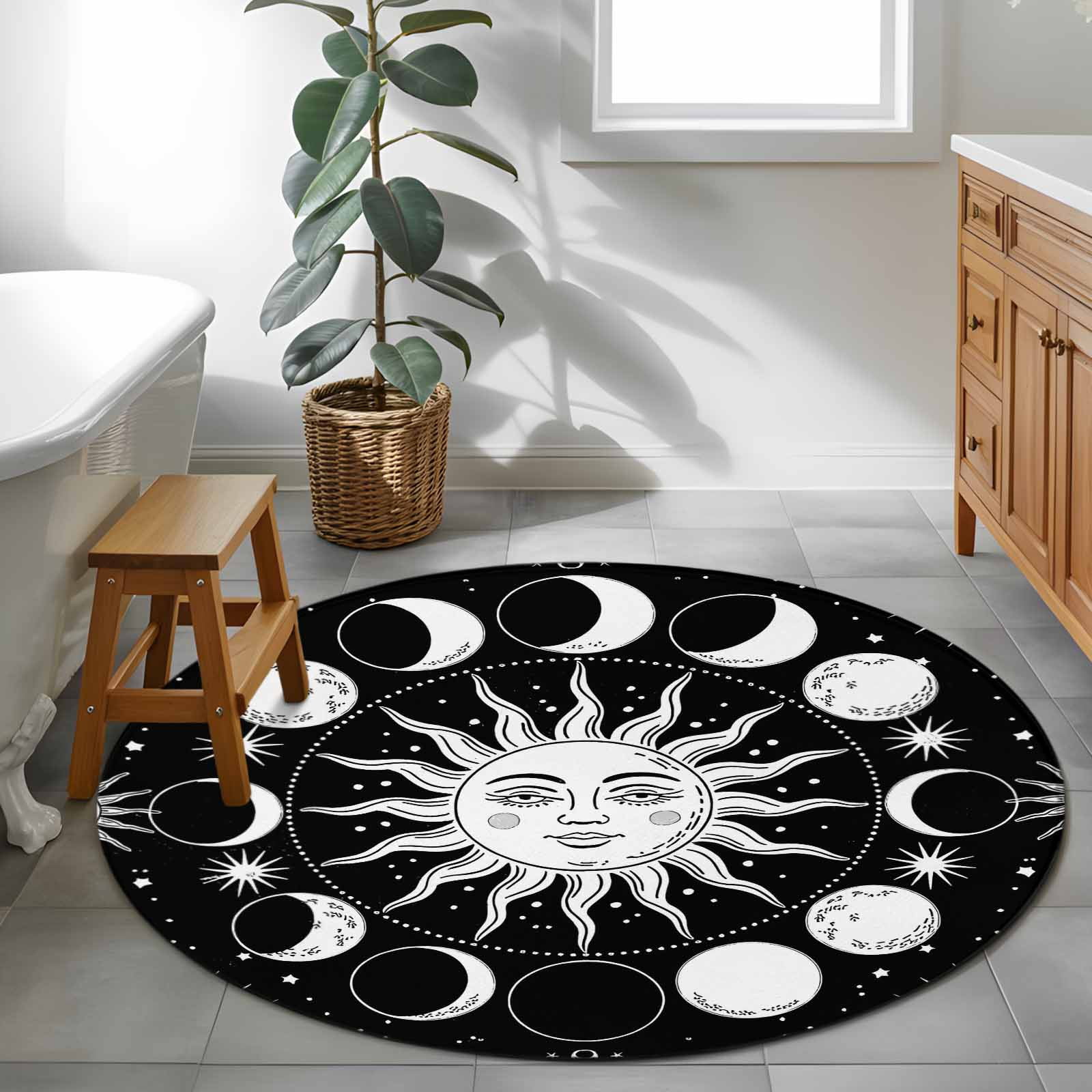 Area Rug 48in, Sun Moon on Black Background Floor Carpet Living Room ...