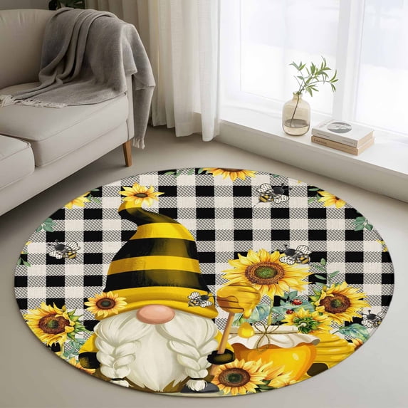 Area Rug 48in, Sunflower Dwarf Bee Green Leaves Floor Carpet Living ...