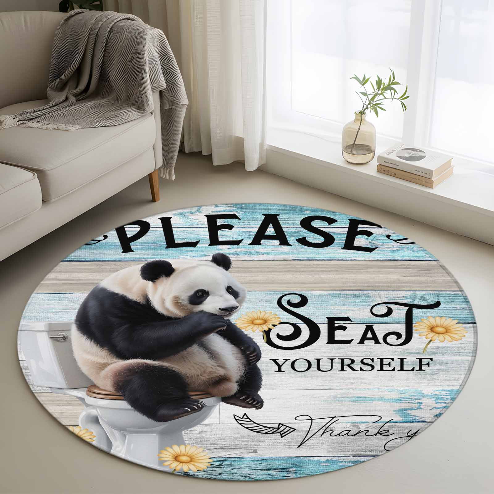 Area Rug 48in, Sunflower Panda Sitting on The Toilet Floor Carpet ...