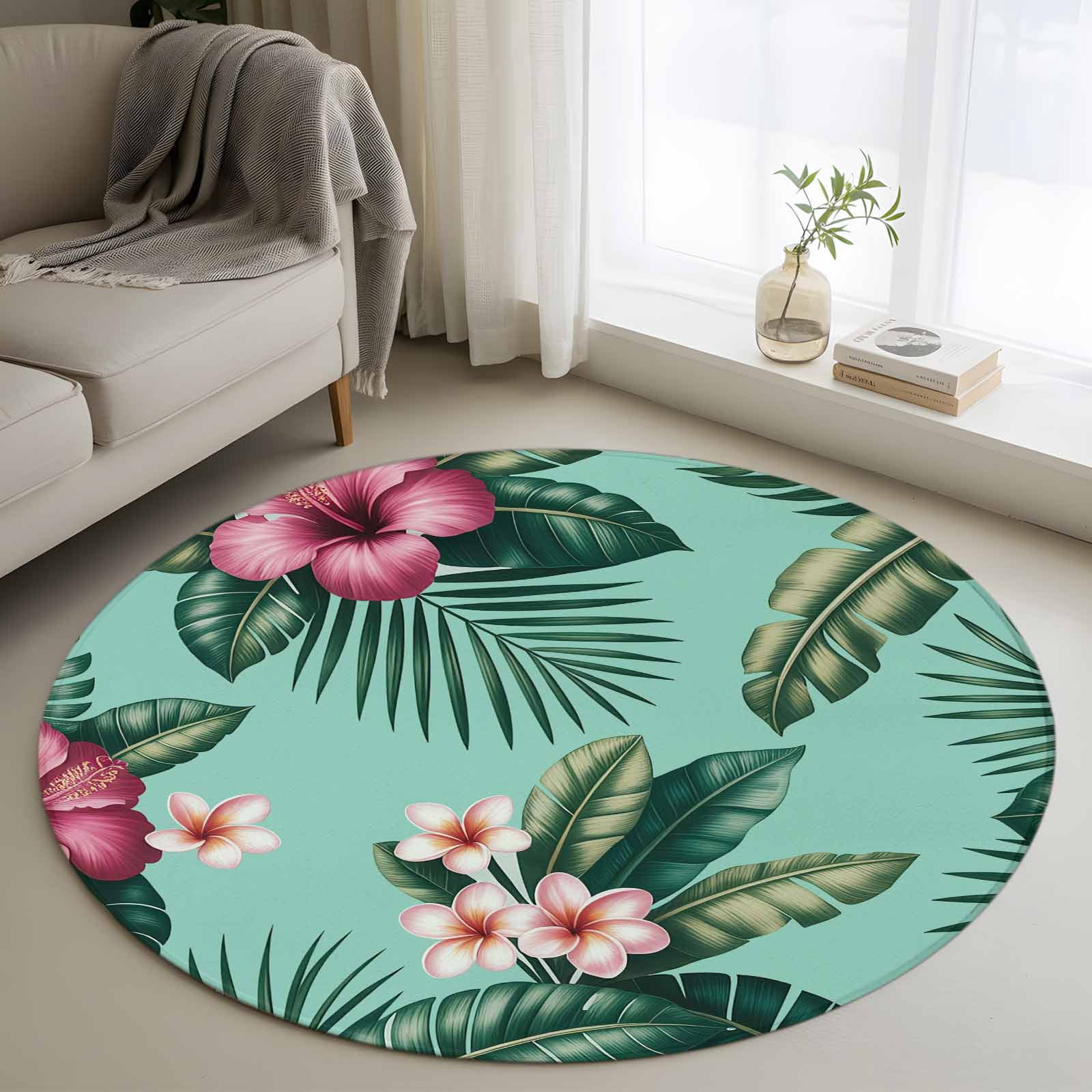 Area Rug 48in, Tropical Summer Watercolor Hibiscus Flower Floor Carpet ...