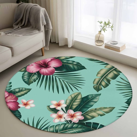 Area Rug 48in, Tropical Summer Watercolor Hibiscus Flower Floor Carpet ...