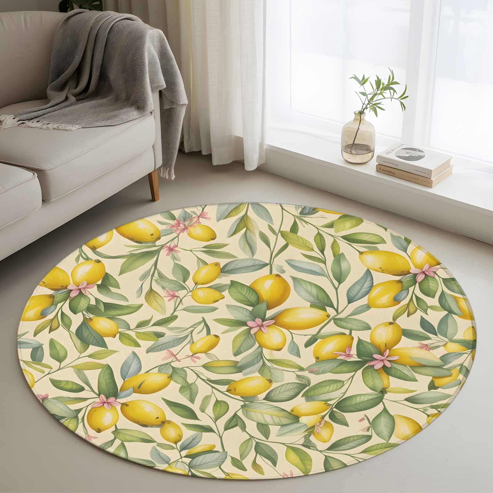 Area Rug 48in, Vintage Farm Lemon Leaves Floor Carpet Living Room Rug ...