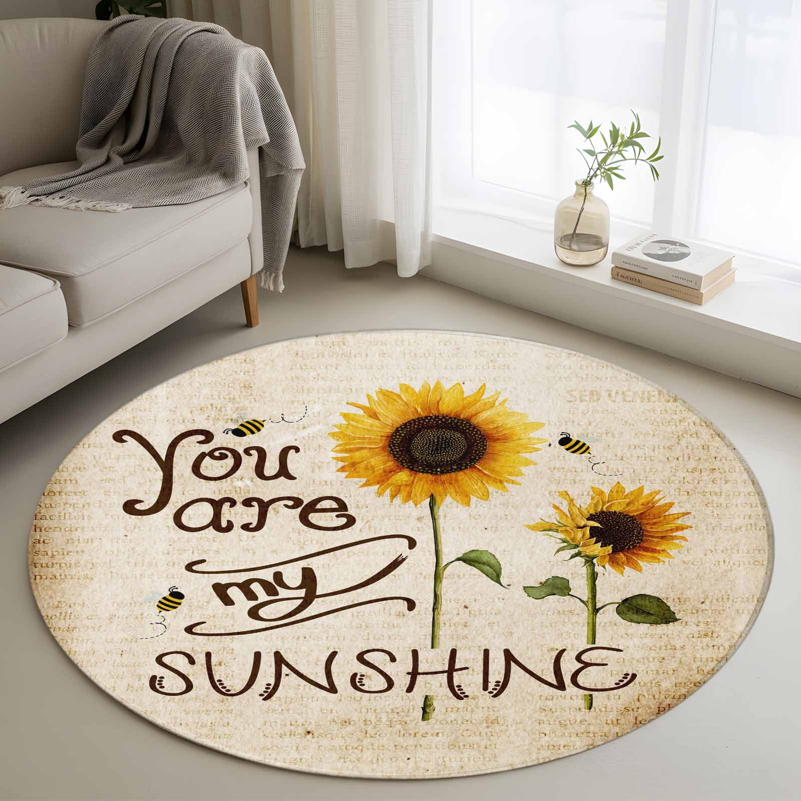 Area Rug 48in, Vintage Farm Sunflowers Bees Floor Carpet Living Room ...