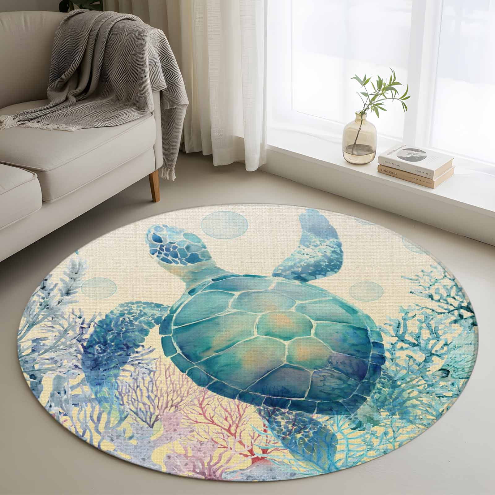 Area Rug 48in, Vintage Summer Sea Turtles Floor Carpet Living Room Rug ...