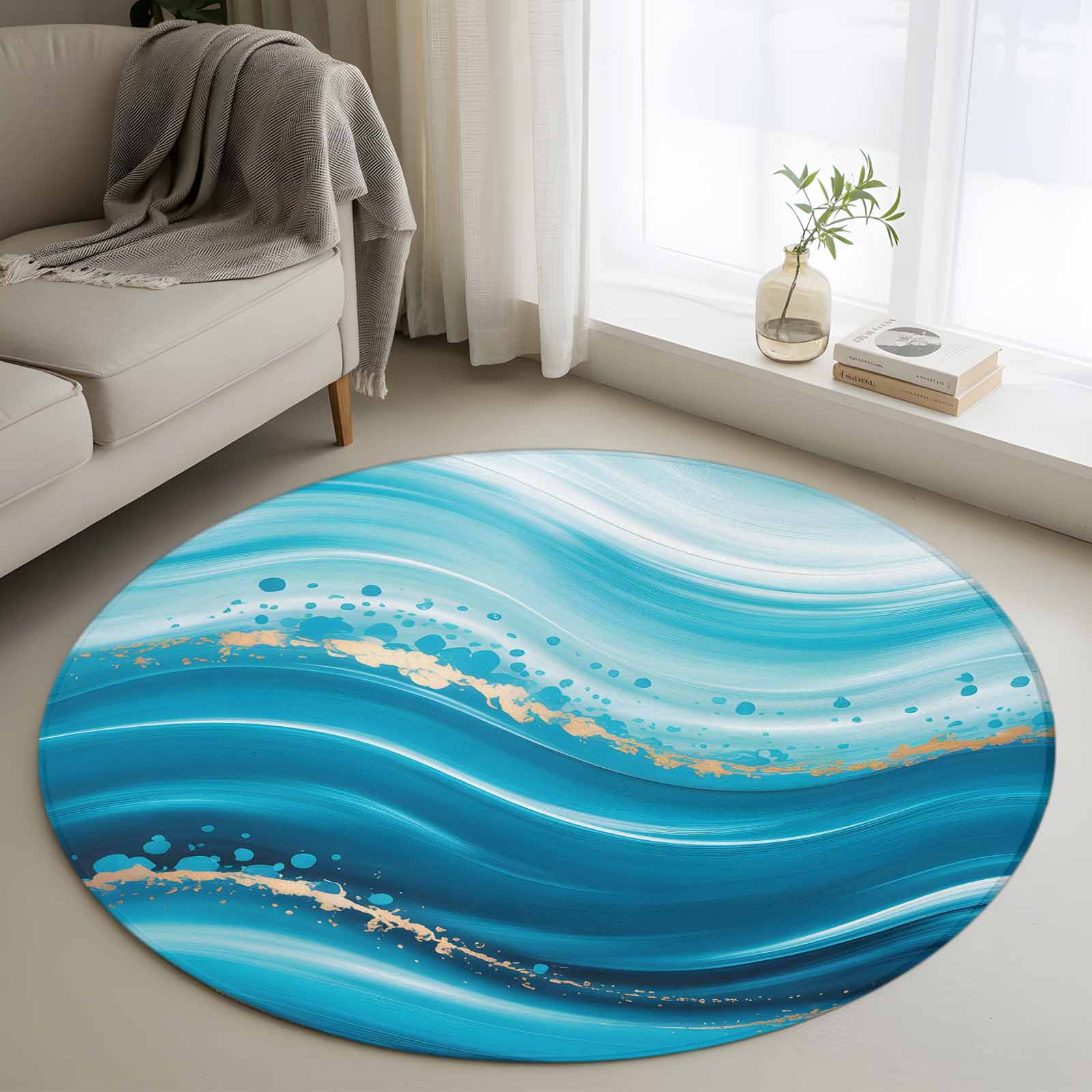 Area Rug 48in, Watercolor Blue Water Ripple Floor Carpet Living Room ...