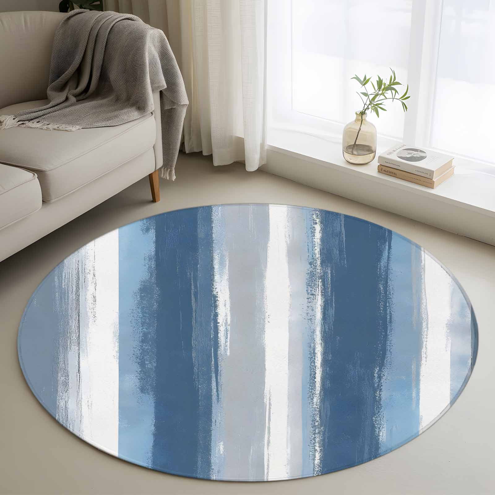 Area Rug 48in, Watercolor Blue White Line Texture Floor Carpet Living ...